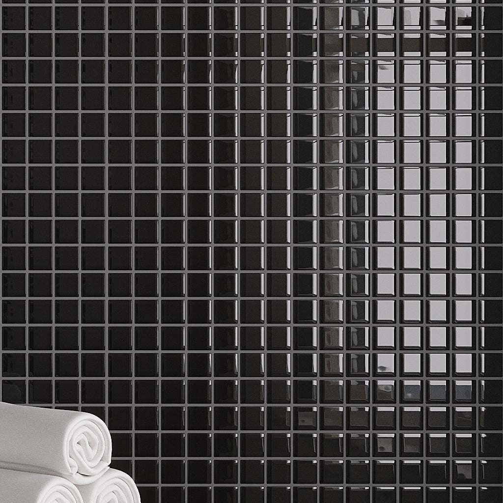 12x12 Black Glossy Glass Mosaic Tile for Dining Rooms, Patios & More ...