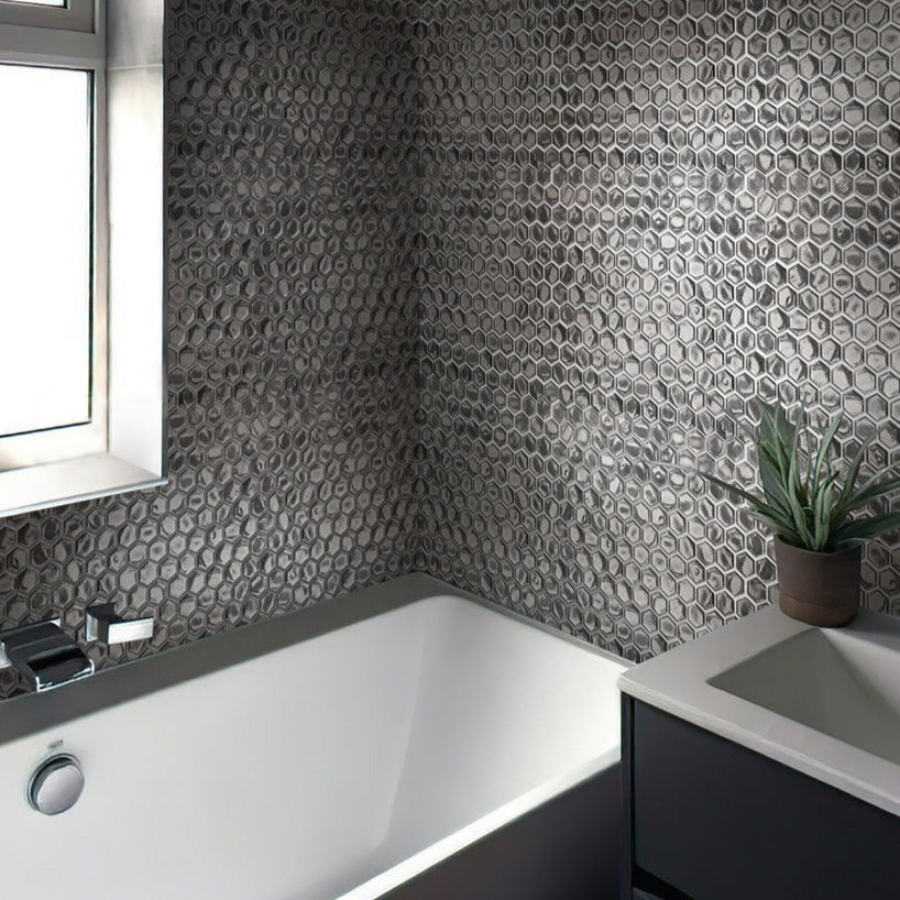 11x11 Silver Glossy Hexagon Glass Mosaic Tile - Silver Glossy Tile ...
