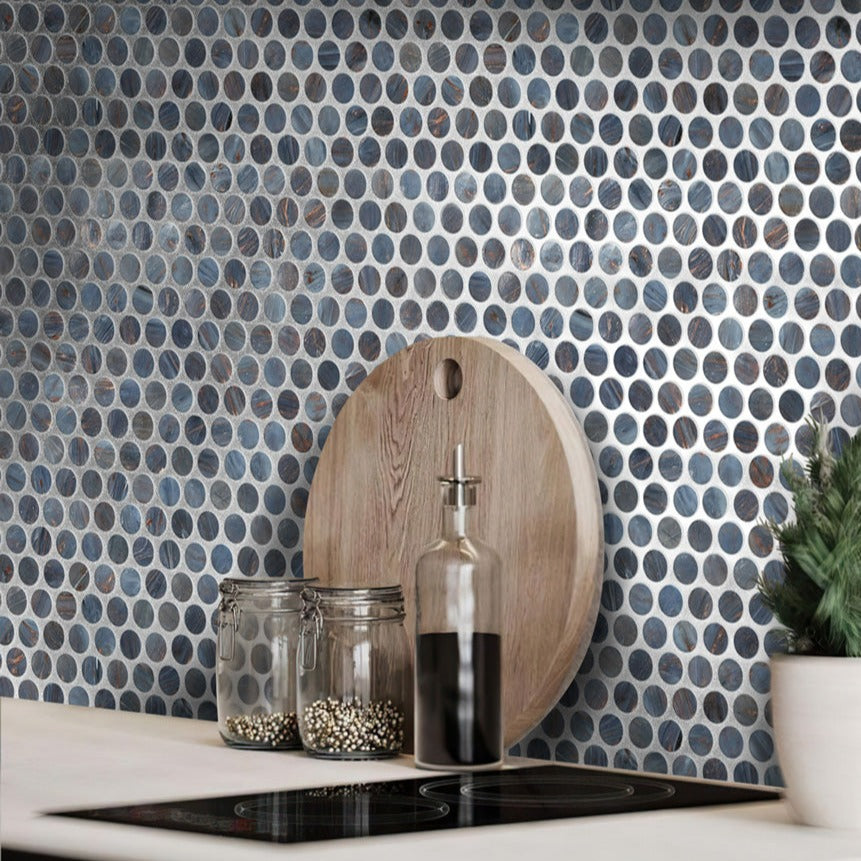 12x12 Blue Polished Penny Round Glass Mosaic Tile - Blue Penny Round ...