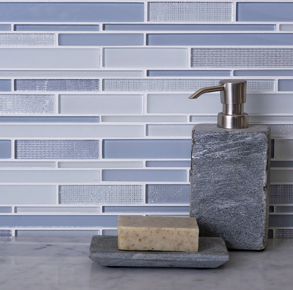 12 x 12 White and Blue Linear Polished and Matte Finished Glass Mosaic ...
