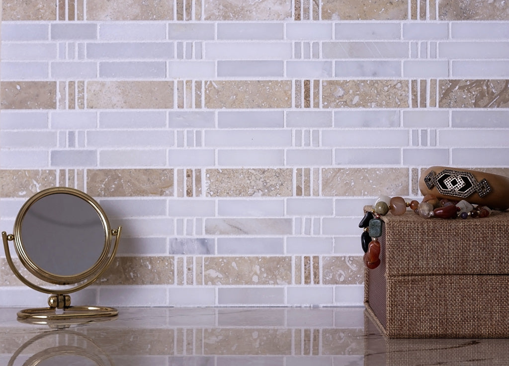 Shop Online 12 x 12 Beige and White Bamboo Polished Marble Mosaic Tile ...