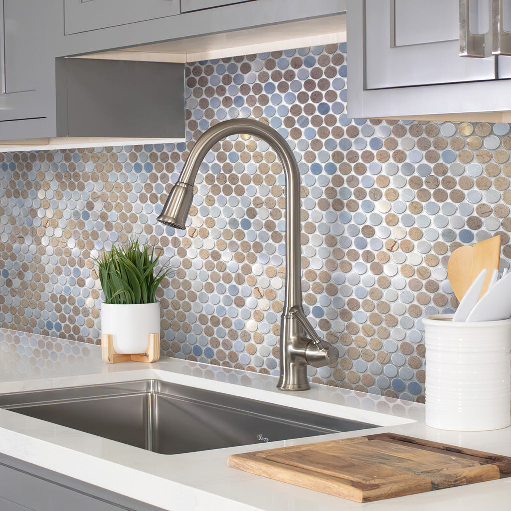 White Polished Penny Round Marble Tile | Crema Marfil Mosaic 11x12 ...