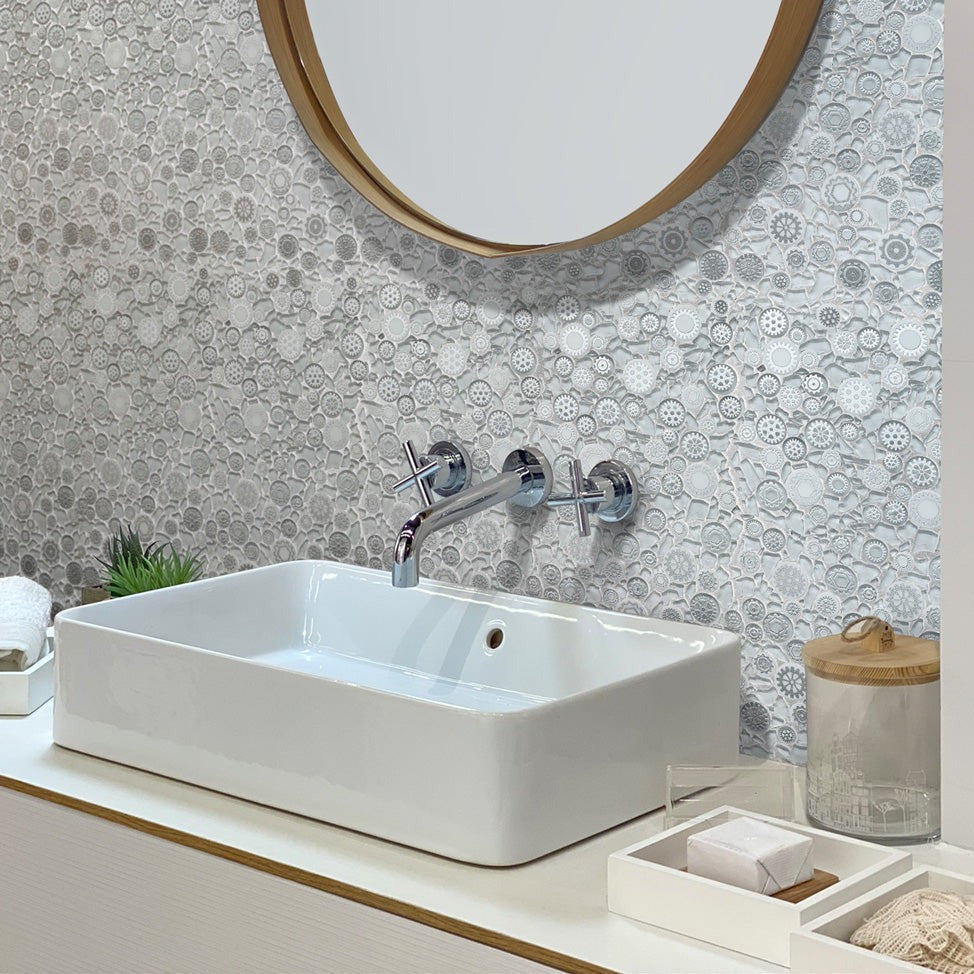 12x12 Gray Glossy Glass Circular Patterned Mosaic Wall Tile - Gray ...