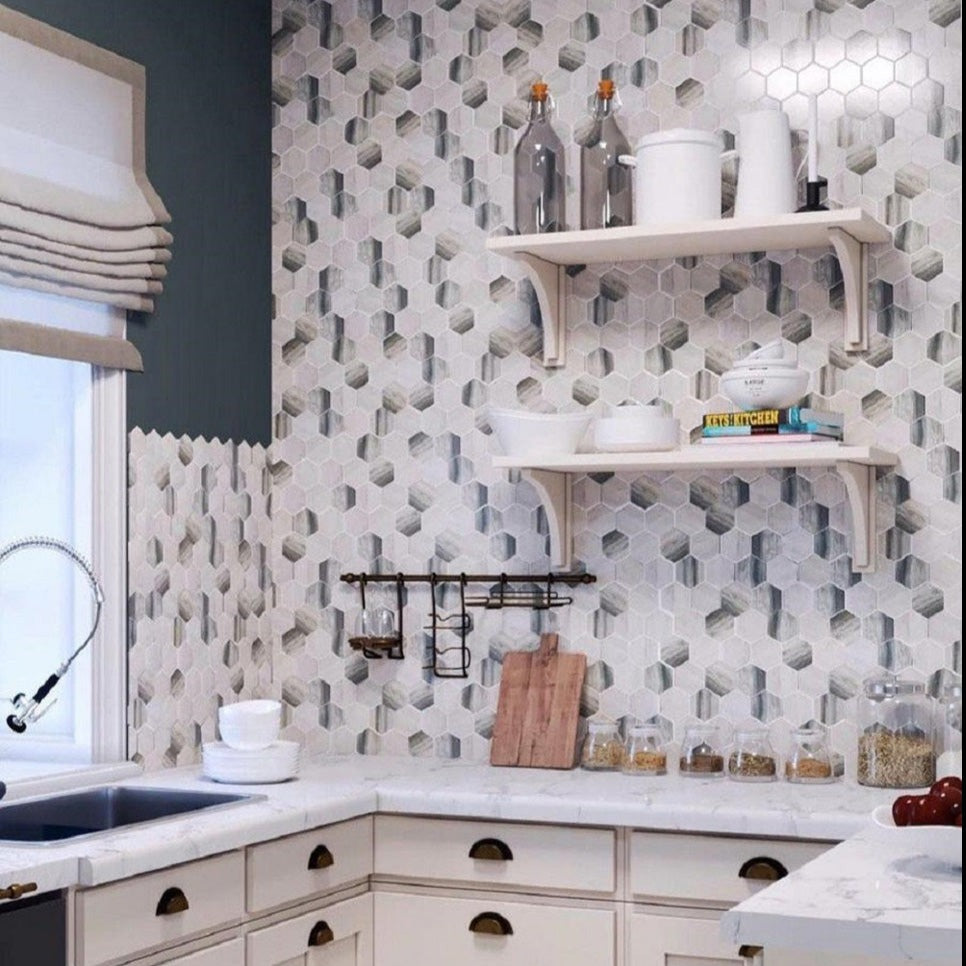 11 x 11 Gray and Beige Hexagon Matte Finished Glass Mosaic Tile - Gray ...