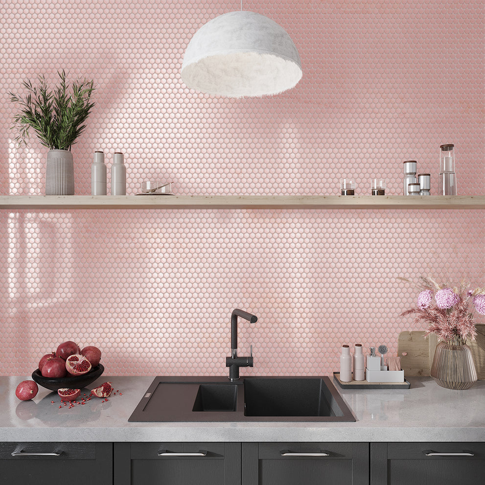 1x1 Cirkel Glossy Pink Porcelain Penny Round Tile - Pink Penny Tiles ...