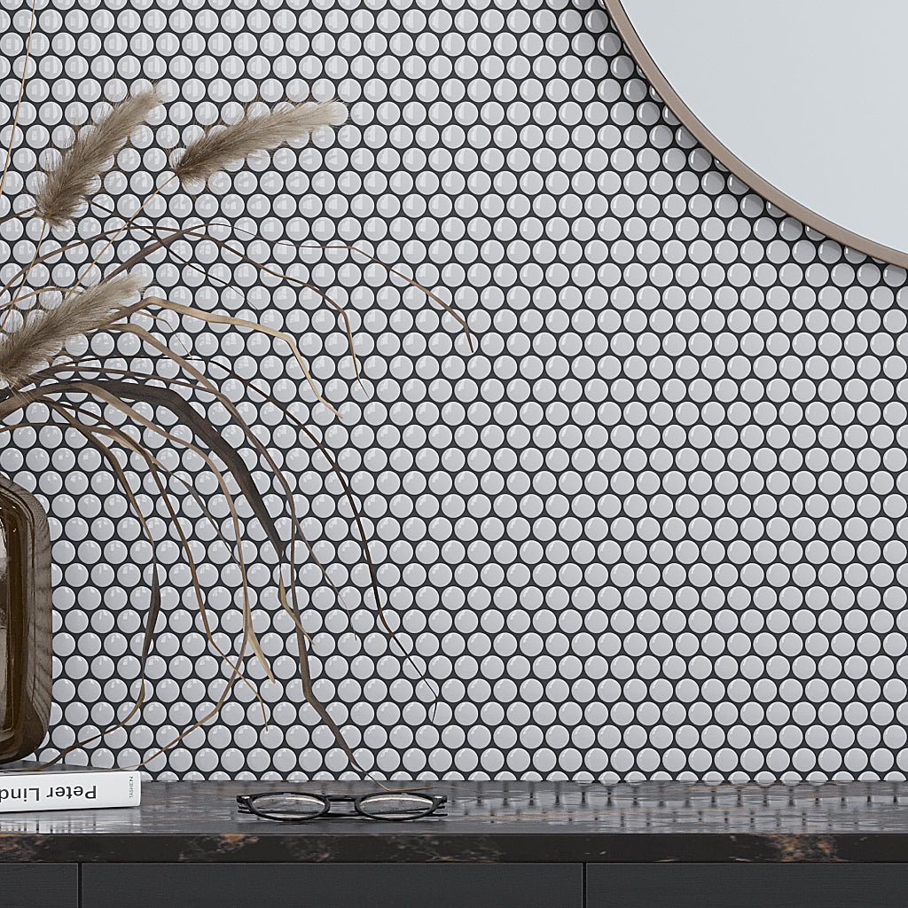 Penny Round Floor Tile Carrara White Marble Chevron Mosaic Wall