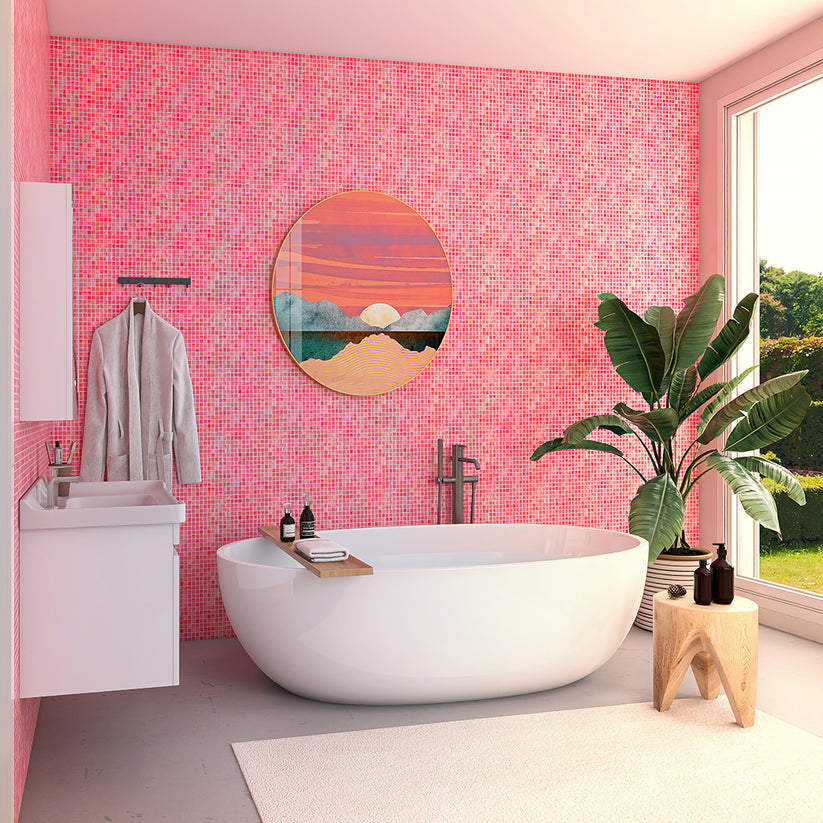 12x12 Punch Pink Glossy Glass Mosaic Tile | Pink Glass Tile | Pink ...