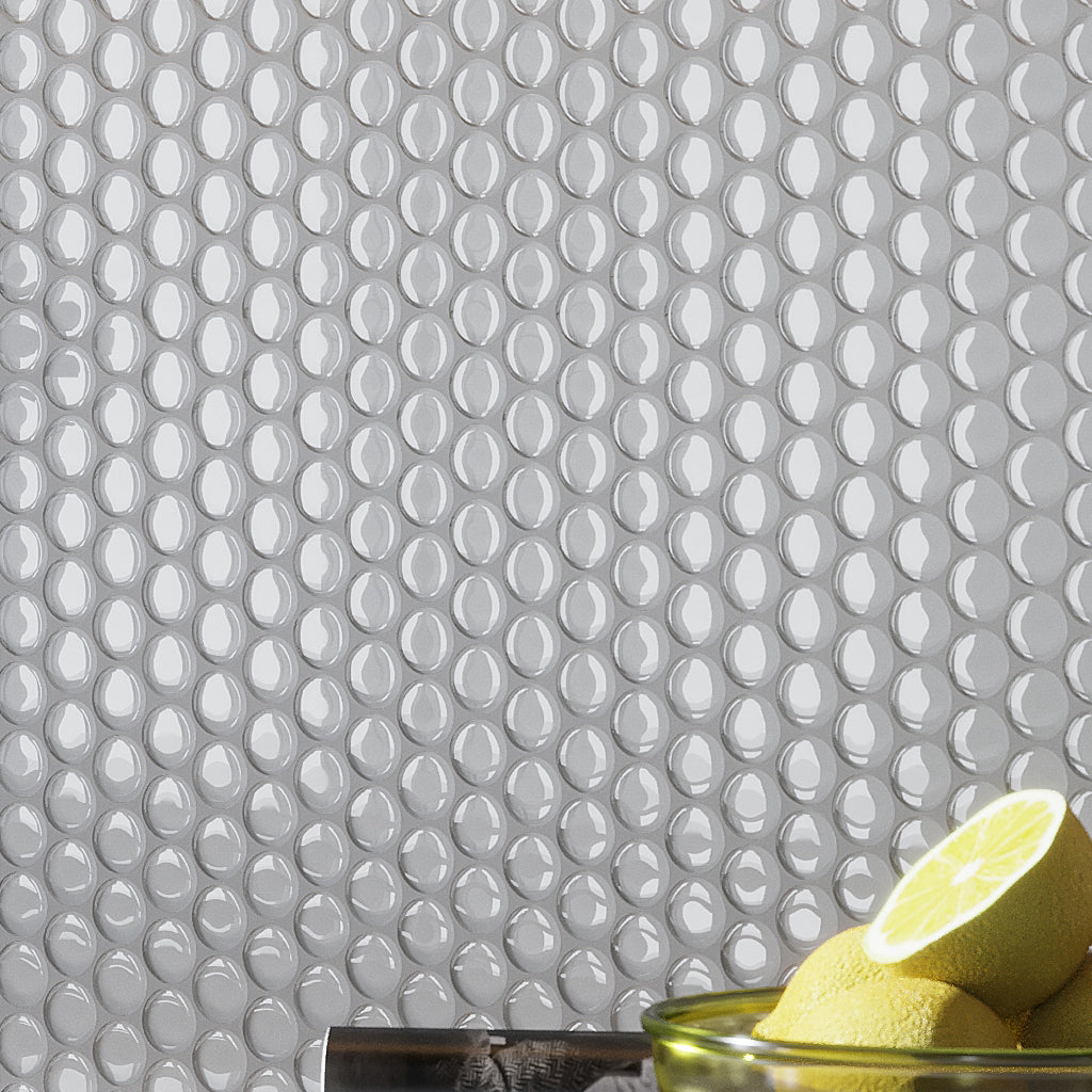 White 12x12 Glossy Penny Round Glass Mosaic Tile for Indoors & Outdoors ...