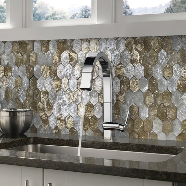 12 x 12 Silver and Gold Polished Natural Stone Hexagon Patterned Mosaic ...